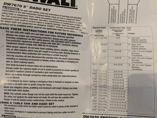 DeWalt DW7670 8" Dado Set Reference - Canterbury Woods Creations